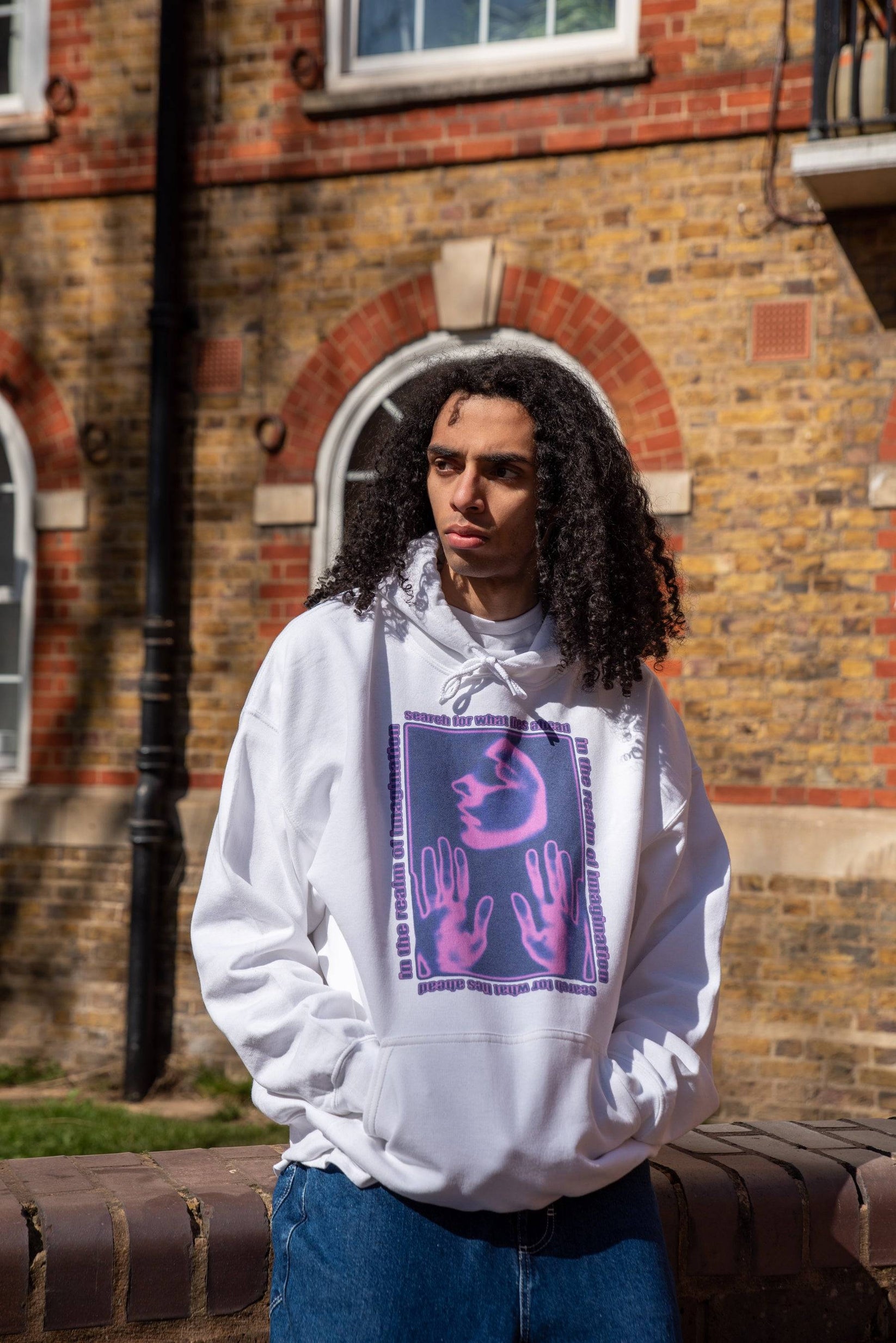 Hoodie in White With In The Realm of Imagination Print Colour | Dreambutdonotsleep