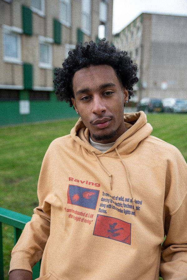 Hoodie in Old Gold With Raving Definition Print | Dreambutdonotsleep